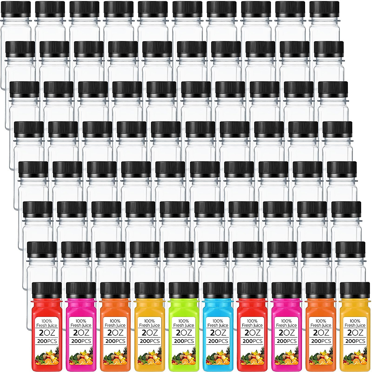 Sliner 200 Pcs 2oz Small Plastic Juice Bottles Ginger Juice Bottle with Lids Liquid Vial Reusable Clear Beverage Container with Lid, Freezer Safe, Leak Proof for Juice, Water, Milk(Black Lid)