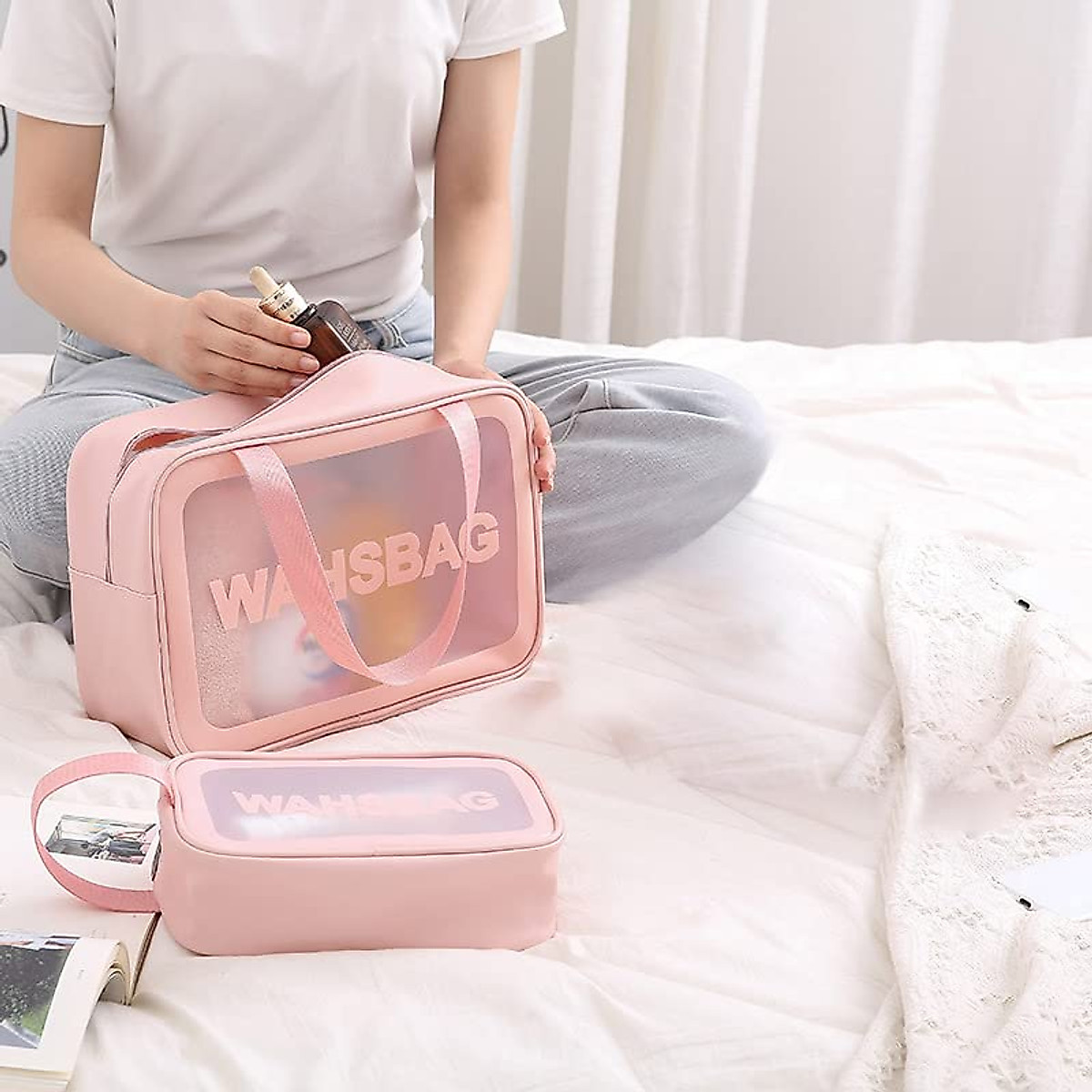 Cosmetic bag 2 pack small and large makeup bag,Travel Bags for Toiletries Transparent Makeup Bags with Zipper and Handle,pink