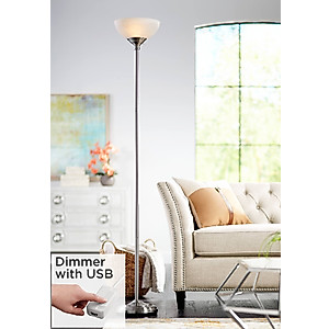 360 Lighting Maddox Modern Torchiere Floor Lamp Standing with USB Charging Port 71” Tall Satin Nickel Alabaster Glass Dome Shade for Living Room Reading House Bedroom Home Office