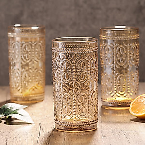 6 Pack Highball Beverage Glass Cup, 12oz Amber Glassware Drinking, Vintage Embossed Drinking Glasses, Old Fashioned Glass for Party Wedding Home Office and Gift