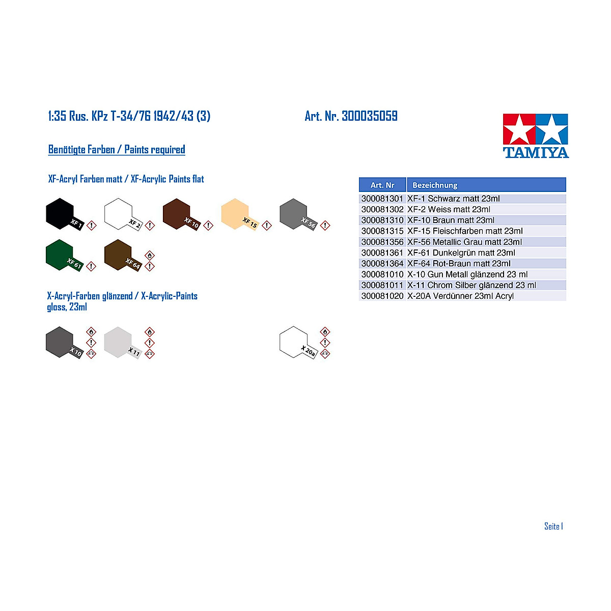 TAMIYA 35059 1/35 Russian T34/76 1943 Tank Plastic Model Kit