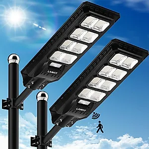 LANGY 2Pack Solar LED Street Lights, Upgrade 200W Solar Street Lights Outdoor Motion Sensor IP67 Waterproof 30000LM with New Controller Solar Flood Security Lights Dusk to Dawn for Parking Lot