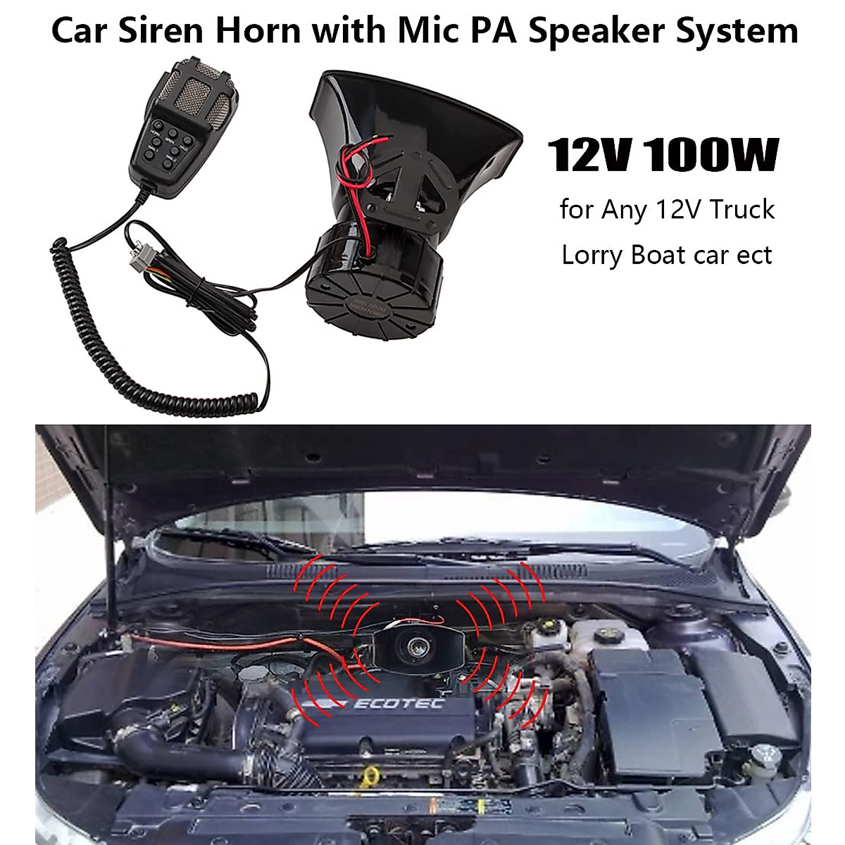 Alarm Horn Siren PA Speaker Mic System,BANHAO 100w 12v 7 Sound Loud Car Alarm Police Horn Police Car Siren Horn Speaker System Emergency Amplifier Alarm Kit Horn for 12V Truck Lorry Boat Car