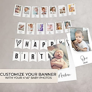 Beautiful 1st Birthday Photo Banner From Newborn to 12 Months - The Perfect Party Decoration for Your Baby Girls or Boys First Birthday - 13 Reversible Milestone Cards From Newborn to 13 Years