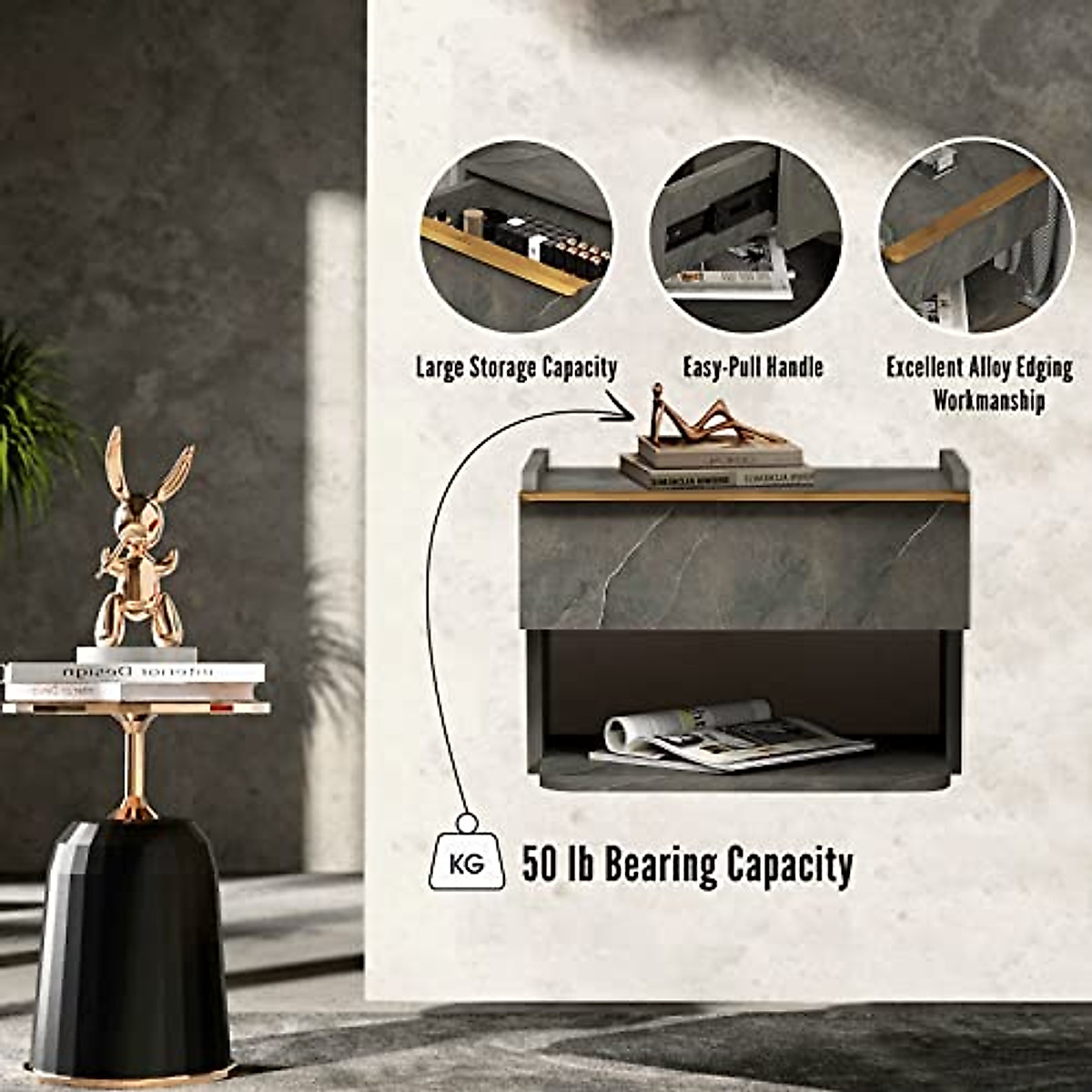Bixiaomei Floating Bedside Table Nightstands, Wall Mounted Bedside Cabinet, Floating Wall Shelf Console with Mental, Modern Storage Cabinet Unit for Bedroom & Living Room (2 Pieces/Dark Grey/17.72IN)
