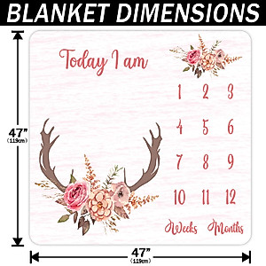 PHMOJEN Baby Monthly Milestone Blanket | Deer Antler Flowers with Words | Pink | Baby Growth Chart Monthly Blanket | Includes Markers 47"x47" BTLSPH68