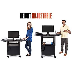 Line Leader AV Cart with Locking Cabinet and Drop Leaves | Height Adjustable Utility Cart with Extra Storage | Power Strip and Cord Management | Great for Presentations (Black / 46 x 18)