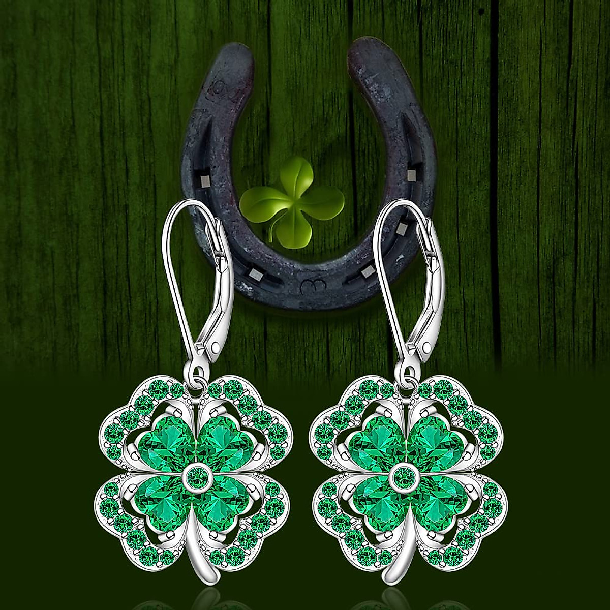 Shamrock Earrings St Patrick’s Day Earrings Four Leaf Clover Earrings for Women Sterling Silver Lucky Dangle Drop Green Clover Irish Celtic Gifts