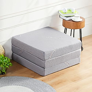 Olee Sleep Tri-Folding Antibacterial Memory Foam Mattress Topper, 4 Inch Copper Bamboo Gel Folding Mattress, Washable Cover, CertiPUR-US Certified, Soft, Grey, Single Size