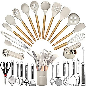 Kitchen Utensils Set- 35 PCs Cooking Utensils with Grater,Tongs, Spoon Spatula &Turner Made of Heat Resistant Food Grade Silicone and Wooden Handles Kitchen Gadgets Tools Set for Nonstick Cookware