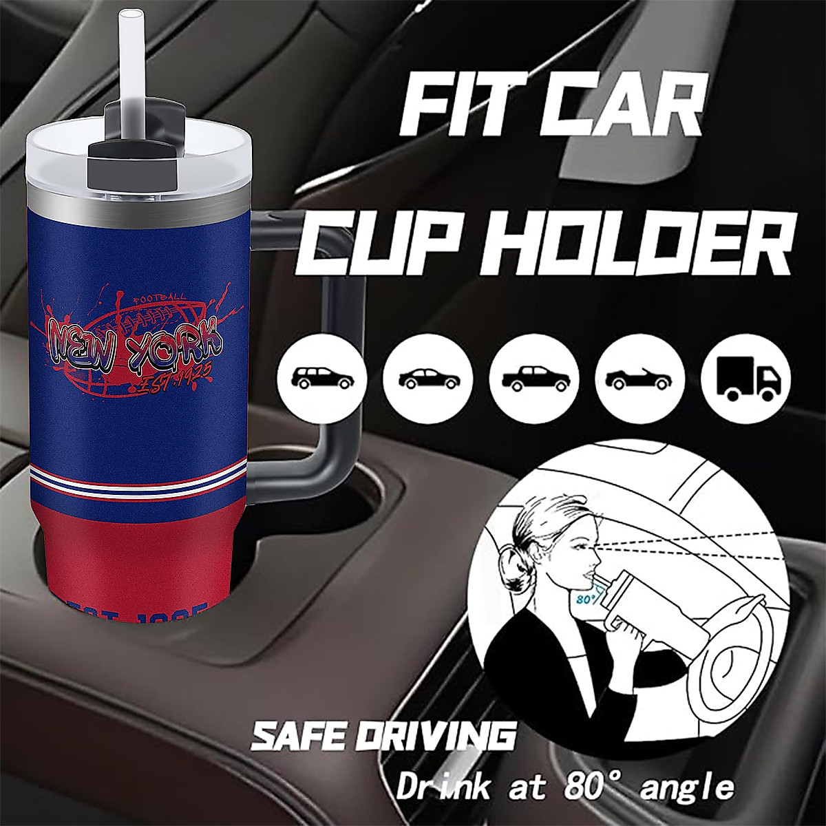 New-York 30 oz Tumbler with Handle and Straw,Car cup,Coffee Mug,100% Leakproof Insulated Tumbler with Lid and Straw,Made of Stainless Steel,Cup Holder Friendly Base,Classic Collection Gifts for Fans