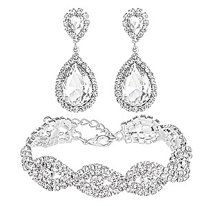Miraculous Garden 2 Pack Silver Plated Crystal Rhinestone Teardrop Drop Dangle Earrings Link Bracelet Jewelry Set for Women