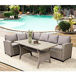 LZ LEISURE ZONE Patio Furniture Sets, 3 Piece Outdoor Patio Dining Table Set, PE Rattan Wicker Conversation Set, All-Weather Sectional Sofa Set with Table & Soft Cushions, Brown+Light Brown