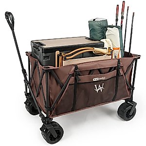 Whitsunday Heavy Duty Collapsible Wagon Cart, 380lb Load-Bearing Utility Wagon Cart with Big All Terrain Wheels, Folding Outdoor Wagon with Side Pocket for Beach, Camping, Outdoor Brown