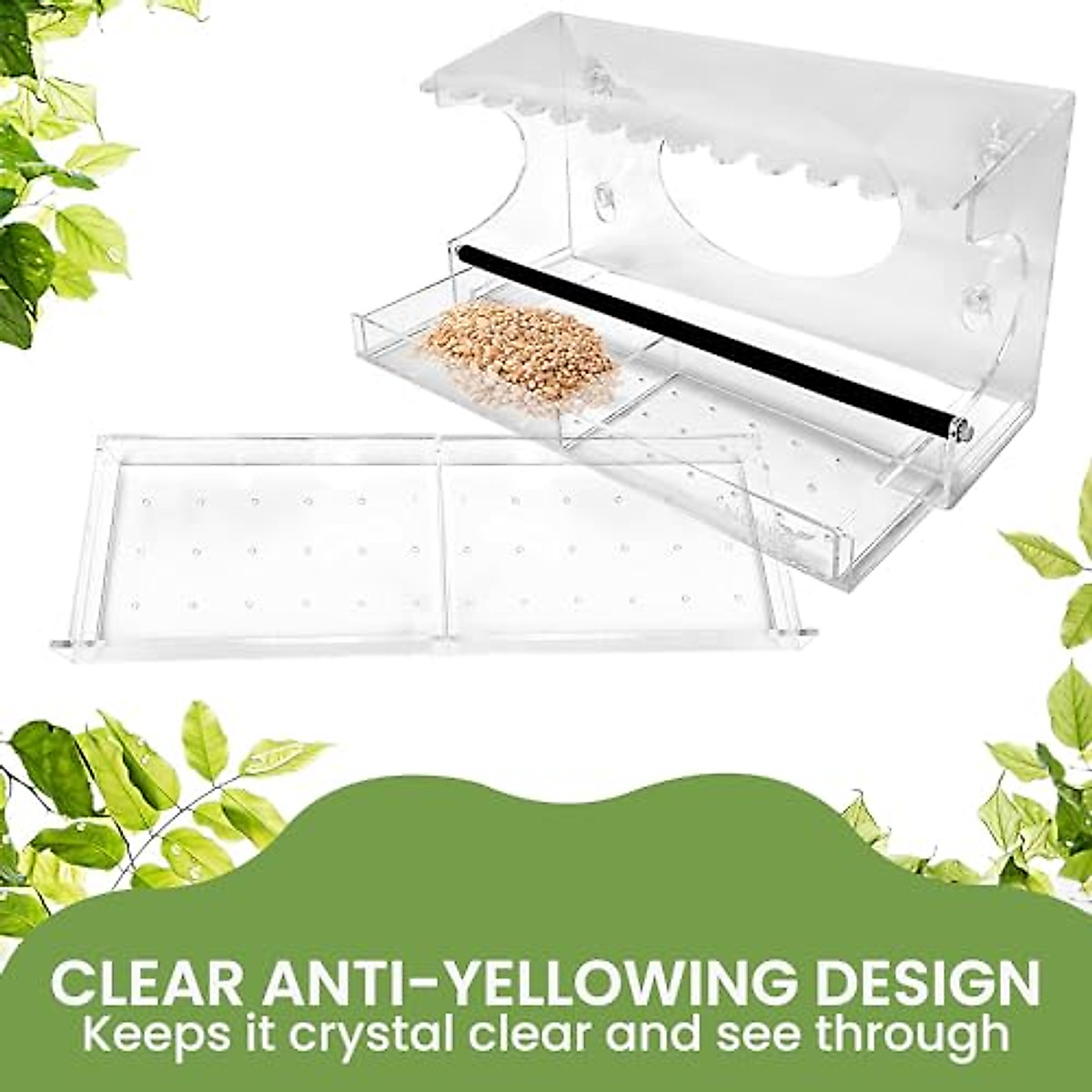 Large Clear Window Bird Feeder - Extended House with Strong Suction Cups - Steel Perch Sliding Feed Seed Tray - See Through Transparent Big Birdhouse - Wild Finch, Cardinal, Blue Jay - Cool Cat Gift