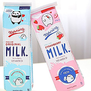 Pack of 2 Cute Pencil Case Box Leather Pencil Holder Pen Pouch Stationery Organizer Cosmetic Bag with Zipper (Blue and Pink Milk) (pinkblue) (Milk2)