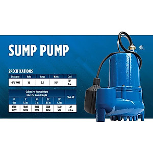 Little Giant Select Series LG-S50T 115-Volt, 1/2 HP, 4300 GPH Cast Iron Sump Pump with Tethered Switch, Blue, 14942675