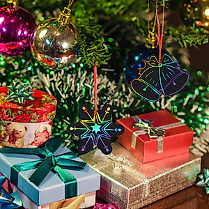 ACEHOOD 48 Sets Christmas Rainbow Scratch Paper Ornaments Kids Art Craft DIY Xmas Ornaments Christmas Party Decorations for Kids