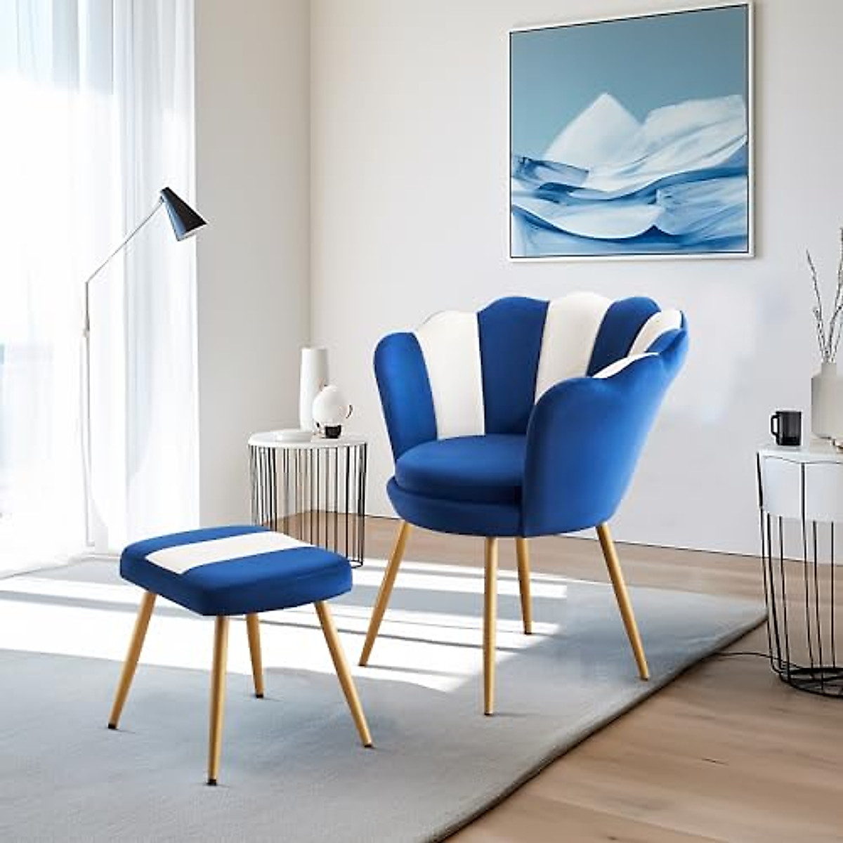 MoomJiee Velvet Accent Chair with Ottoman Set of 2,Upholstery Modern Club Chair with Footrest,Comfy Barrel Living Room Armchair with Golden Metal Legs for Bedroom Living Reading Room Office