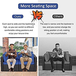 J-SUN-7 7 Pieces Outdoor Patio Furniture Set, All Weather Black PE Rattan Wicker Sofa Set, Sectional Furniture Sofa Couch Set with Dark Blue Cushions and Glass Table for Garden Porch Poolside