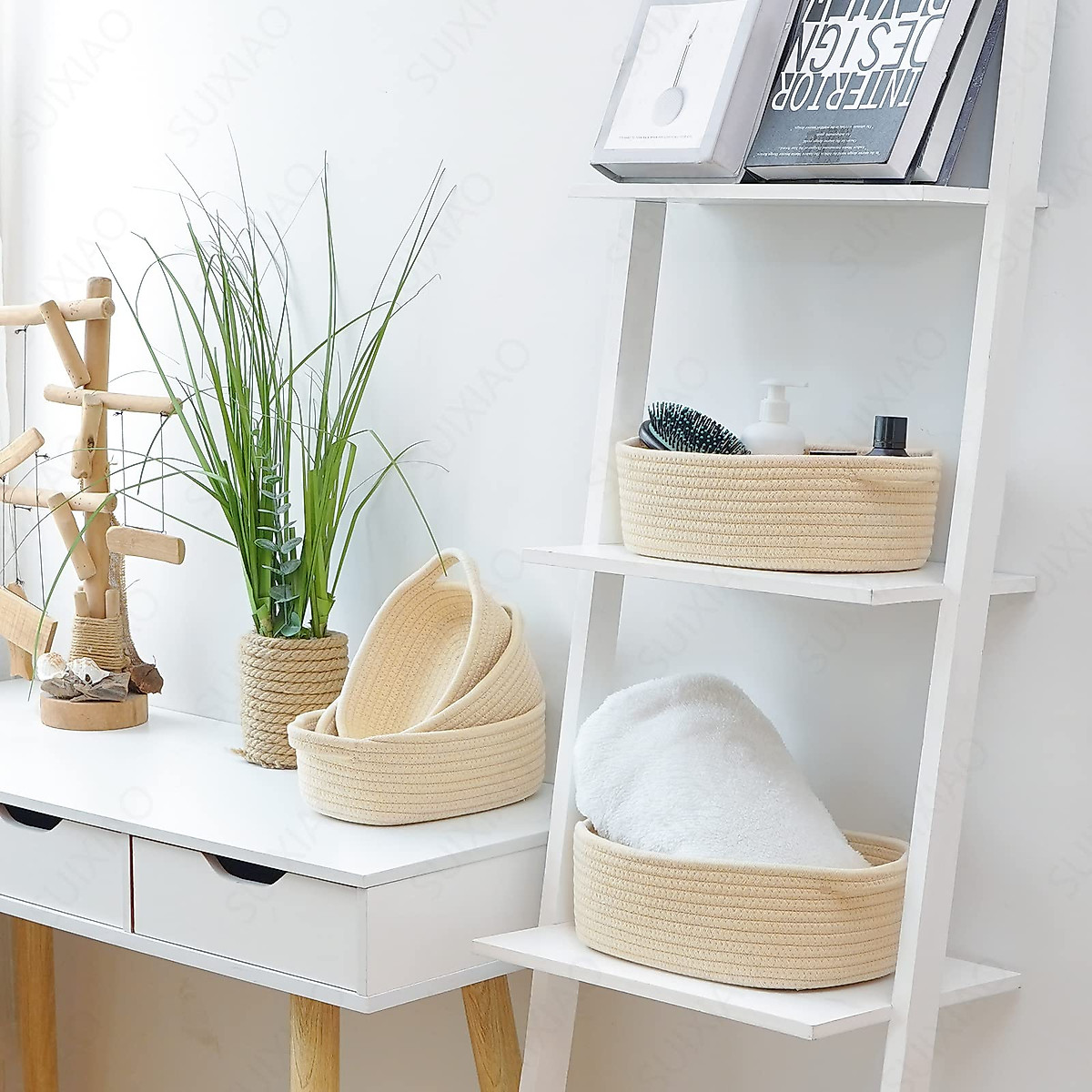 Sunla 5-Piece Storage Basket Set, Natural Rope Woven Baskets for Organizing & Storage, Nursery Storage Baskets, Cute Small Rope Basket Set for Clothes, Foods, Toys (Beige)