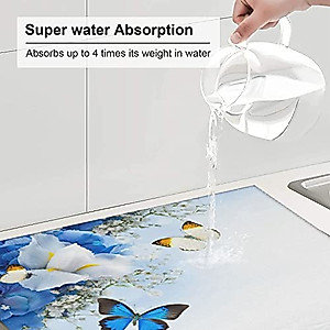 Flowers and Butterfly Printed Drying Mat For Kitchen Ultra Absorbent Microfiber Dishes Drainer Mats Non-Slip Silicone Quick Dry Pad - 18 X 16inch