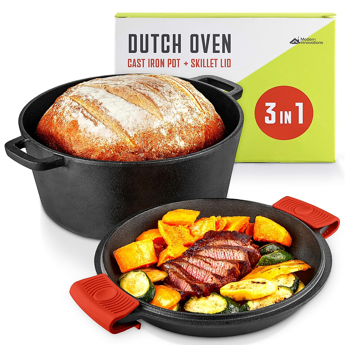 Cast Iron Dutch Oven Pot with Lid, 3-in-1, 5 Quart Cast Iron Dutch Oven with Cast Iron Skillet Lid, Cast Iron Pot with Lid, Preseasoned Cast Iron Pots and Pans Set, RV or Lodge Camping Cast Iron Set