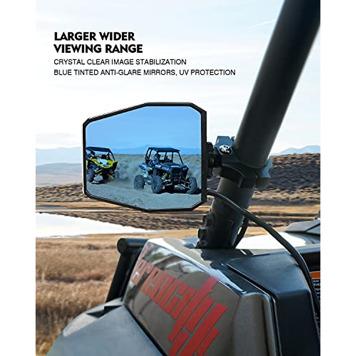 Xprite Aluminium UTV Side Rear View Mirrors fit 1.6"-2" Roll Cage Bar, LED Spot Light Blue Anti-Glare Lens for Polaris Pioneer RZR XP Can am Maverick X3 Kawasaki Teryx Mule, Yamaha Rhino Wolverine SXS