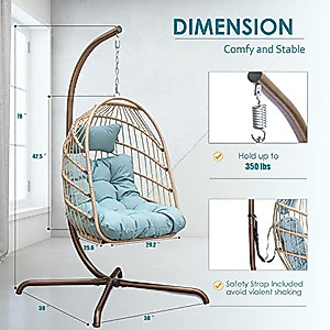 RADIATA Foldable Wicker Rattan Hanging Egg Chair with Stand, Swing Chair with Cushion and Pillow, Lounging Chair for Indoor Outdoor Bedroom Patio Garden (Blue with Stand)