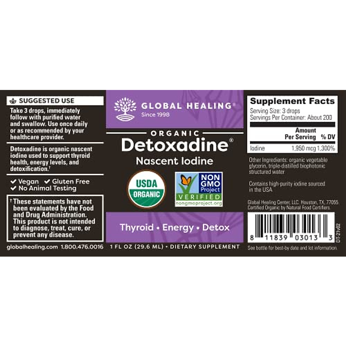Global Healing Detoxadine - Organic Nascent Iodine Liquid Supplement Drops for Thyroid Support, Detox Cleanse, Metabolism Health and Better Sleep - Non-GMO, Vegan, 200 Servings (6-Month Supply) - 30mL