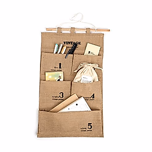 LENITH Vintage Mini Linen Fabric Closet Foldable Washable Hanging Storage Bag with 5 Pockets Over The Wall Door Organizer for Room