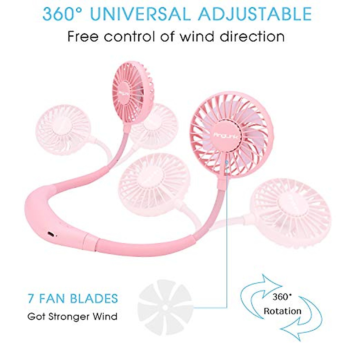 AngLink Portable Neck Fan with Colorful Led Light 360° Rotation - Quiet Hand Free USB Rechargeable Battery Operated Small Personal Fans for Kids Travel Camping Outdoor Office | Pink