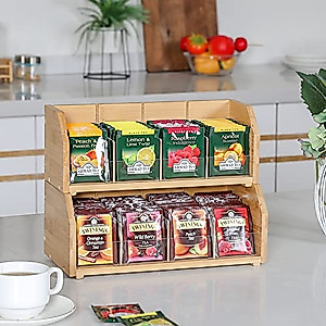 2 Tier Bamboo Tea Bag Organizer, Tea Holder for Tea Bags Organizer Wood Tea Bags Storage Box with Divider Stackable Vertical Teabag Rack Containers for Kitchen Cabinet Countertop(Patented Design)