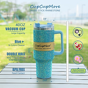Cupcupmore 40oz Blue Bling Rhinestone Stainless Steel Sippy Tumbler Glitter Vacuum Insulated Water Bottle with Straw & Lid &Handle,Thermos for Hot & Cold Drinks,Car Cup Holder,Coffee