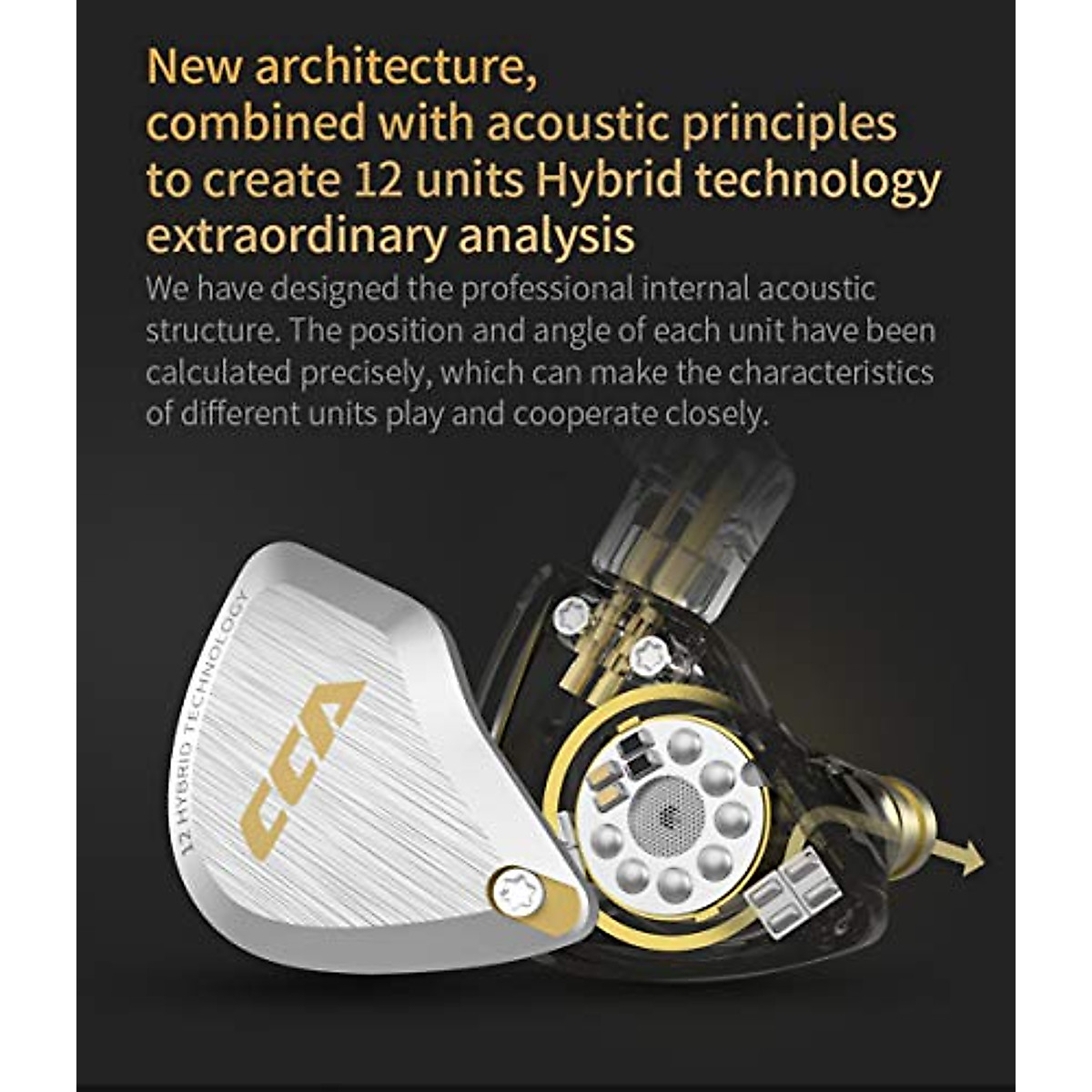 CCA C12 in-Ear Monitors, 5BA+1DD Hybrid HiFi Stereo Noise Isolating IEM Wired Earphones/Earbuds/Headphones with Detachable Tangle-Free Cable 2Pin for Musician Audiophile (Without MIC, Amber Gold)