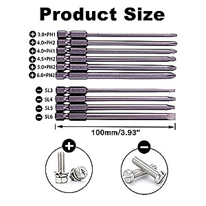 Rocaris 10pcs 1/4 Inch Hex Shank Long Magnetic Screwdriver Bits Set 4 in Power Tools (Slotted+Cross Head)