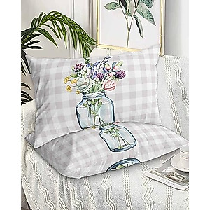 Edwiinsa Spring Floral Pillow Covers King Standard Set of 2 20x36 Bed Pillow, Summer Colorful Flower Beige Plaid Plush Soft Comfort for Hair/Skin Cooling Pillowcases with Envelop Closure