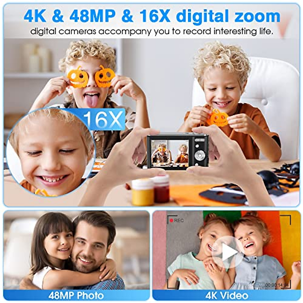 Digital Camera, Nsoela 4K FHD 48MP Kids Camera with 32 GB Card, Compact Point and Shoot Camera, 2.8" LCD Screen,16X Digital Zoom, Portable Mini Kids Camera for Teens,Students,Children (Black)