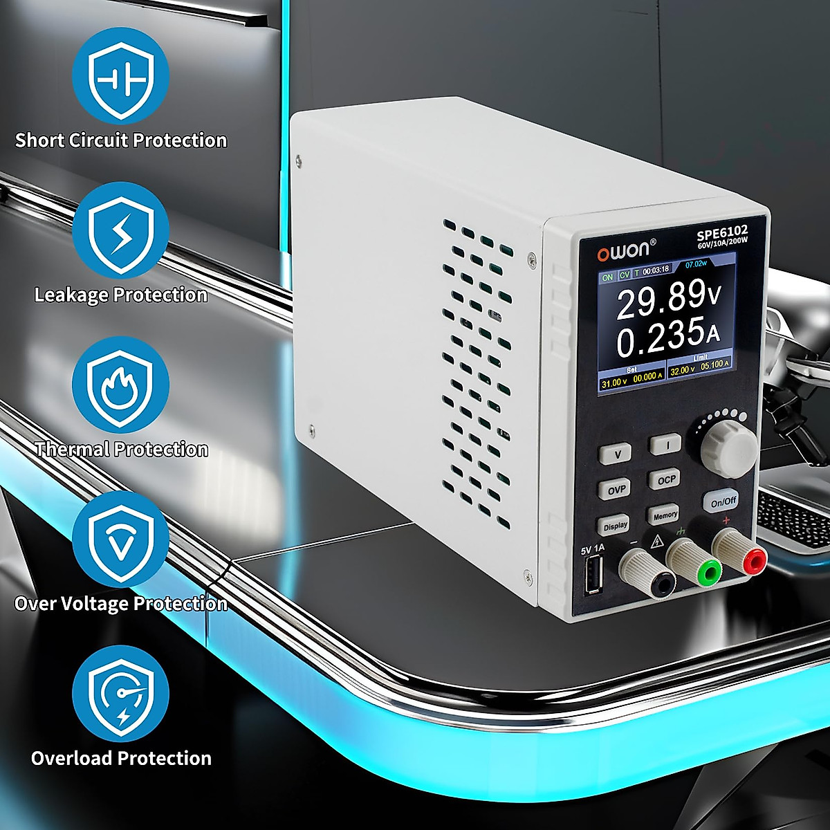 OWON Lab Power Supply (0-60V 0-10 A), Programmable 200w Bench DC Power Supply with 2.8 inch LCD Display and Output Enable/Disable Button,Single Channel Output with PC Software and USB Charging SPE6102