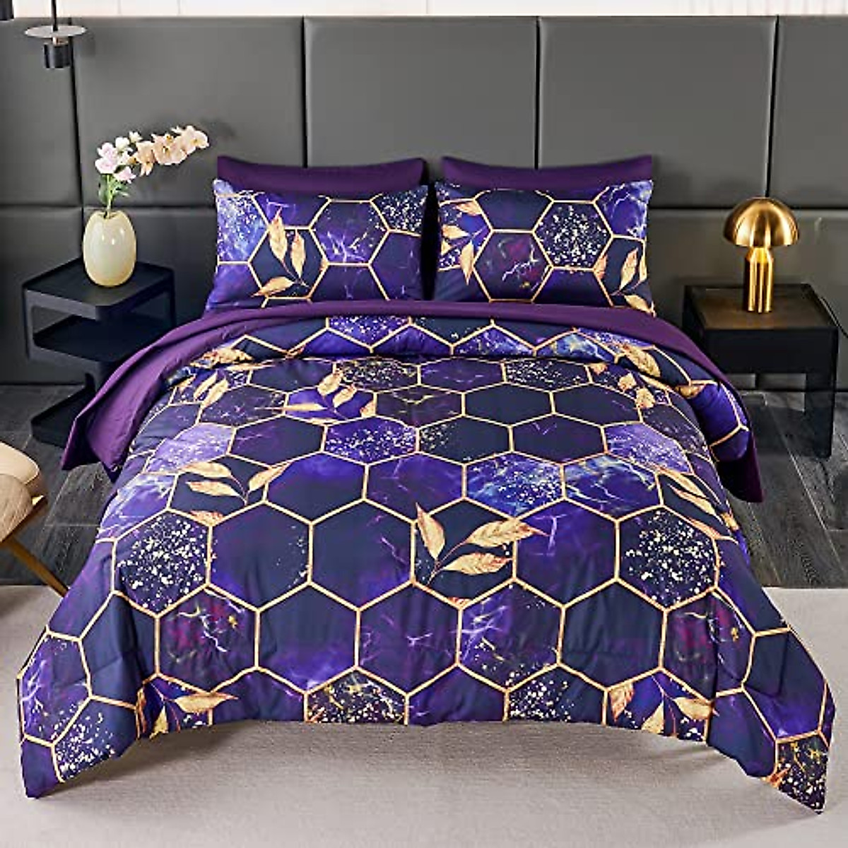 ANGIYUIN 7Pcs Bed-in-A-Bag Purple Gold Marble King Comforter Set with Sheets, 3D Geometric Hexagon Theme Decor Yellow Leaf Bedding Set, Modern Foil Print Duvet Insert for All Season (Purple King)