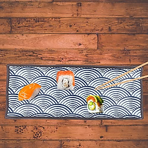 White and Blue Seigaiha Patterned Melamine Rectangular Serving Platter, Sushi Plate and H'orderve Trays Dinnerware for Parties, 10.75 x 4.25 Inches