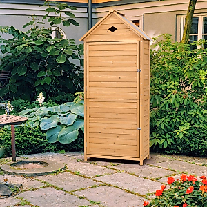 S AFSTAR Outdoor Storage Shed for Garden Tools, Wooden Patio Shed with Gable Roof and Metal Latches