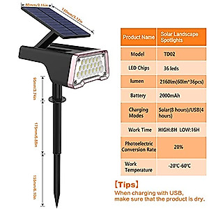 YORMICK Solar Lights Outdoor, 36 LEDs Solar Landscape Spotlights, Waterproof 2 in 1 Wall Lights with USB Charge, Adjustable Solar Panel for Yard Garden Driveway Porch Walkway Pool Patio