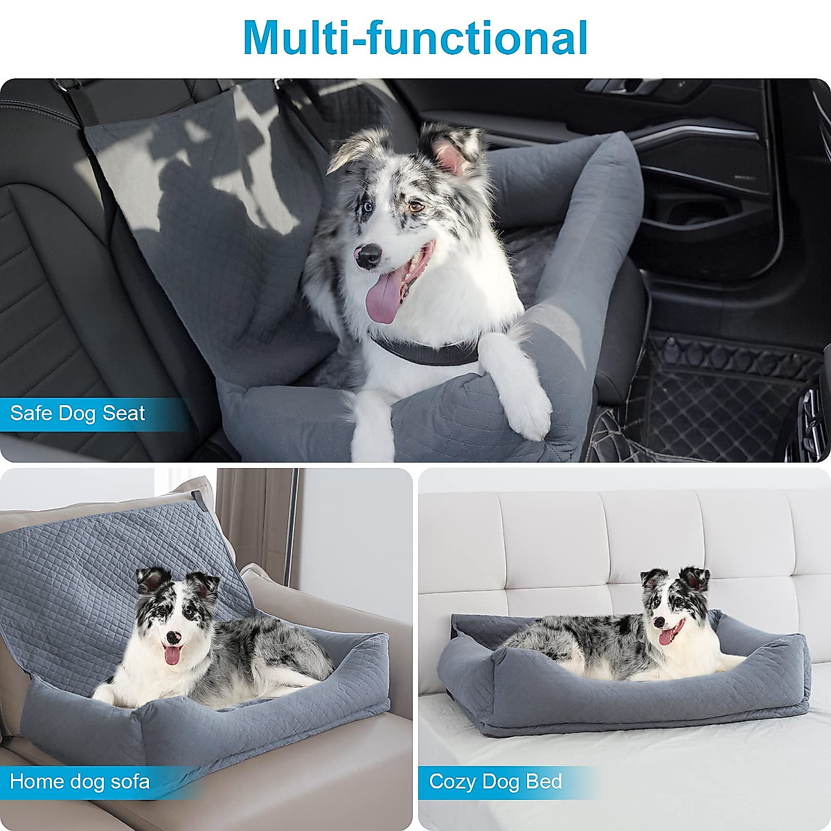 Dlownne Dog Car Seat for Medium Large Dogs, Dog Car Bed Pet Booster Seat with Adjustable Straps Safety Tethers, Multifunctional Dog Travel Bed Car Back Seats Removeable Washable, Fits Pickup Trunk SUV