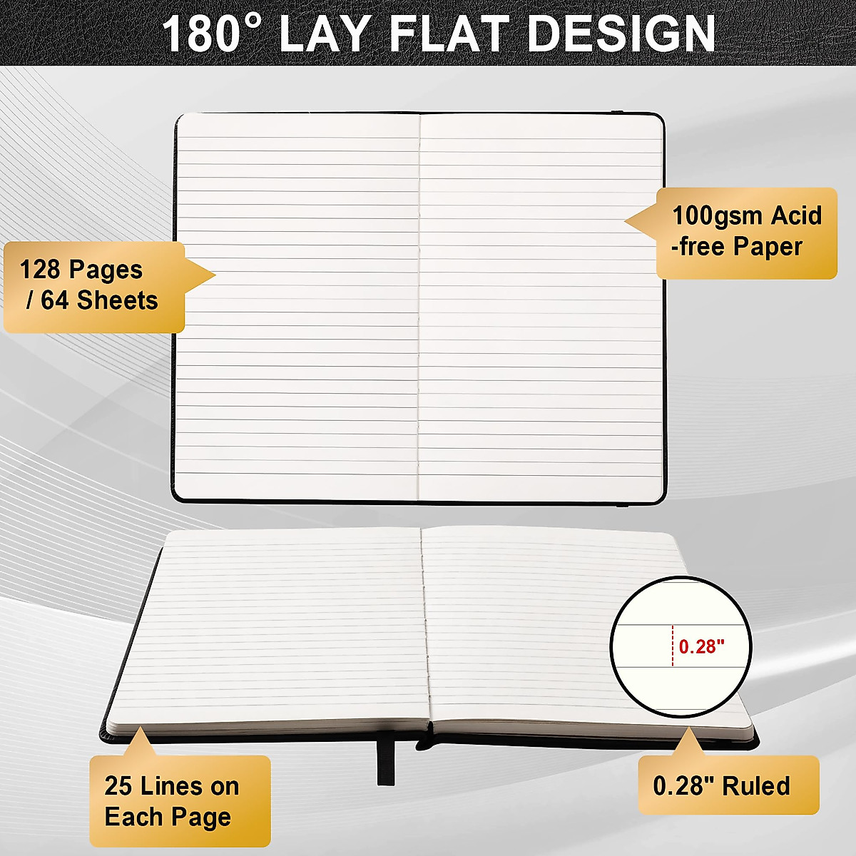 Ruled Notebook/Journal – Classic Notebook Journal for Women/Men, Faux Leather Notebooks for Work, Premium Thick Paper, Black, Hardcover, Lined (5.4 x 8.3)