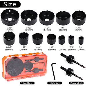 Hole Saw Kit, 15pcs Hole Saw Set with 3/4" to 2.95"(19mm-75mm) 12 PCS Saw Blades, Mandrels, Hex Key, 2024 Upgraded Hole Saw for PVC Board, Wood and Plywood