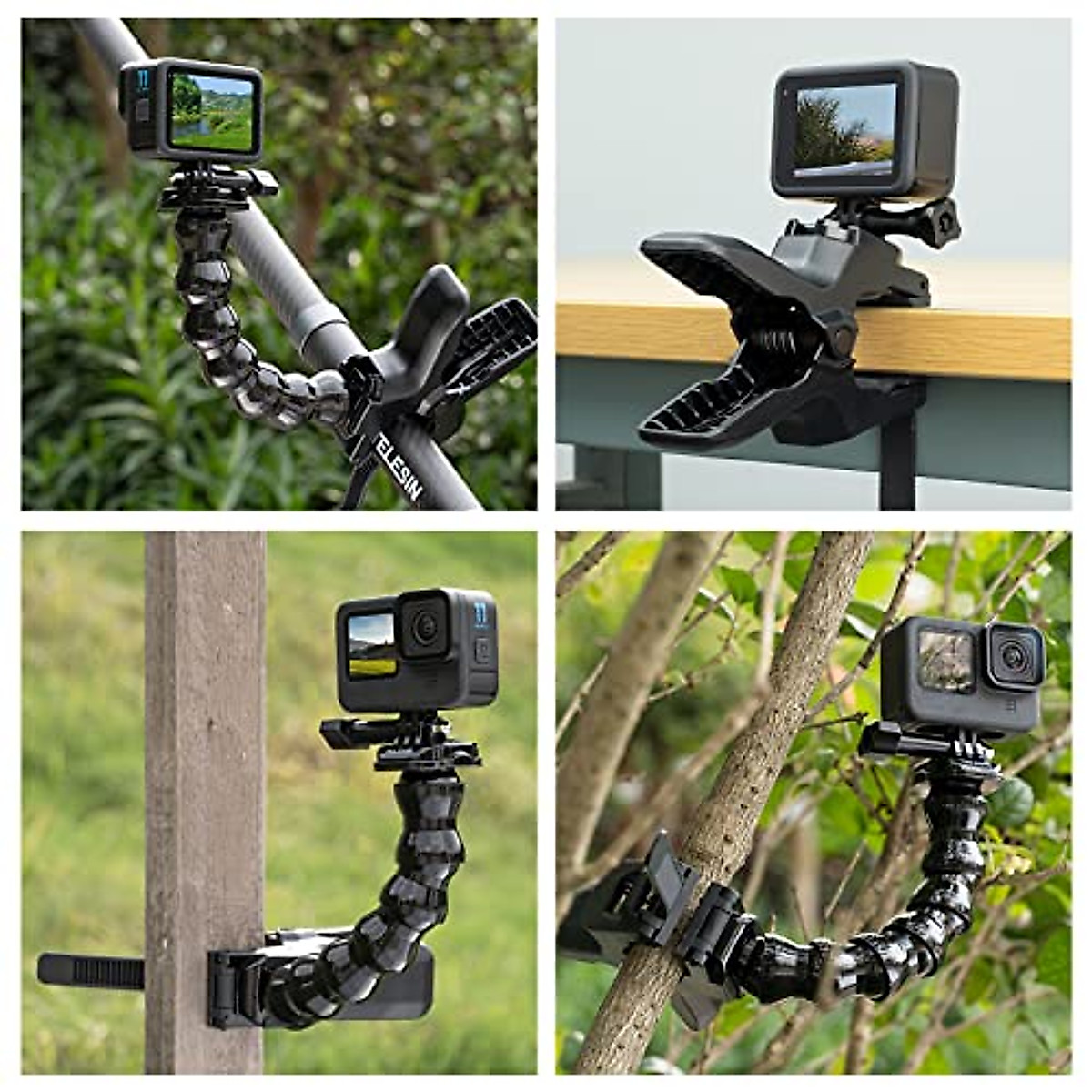 TELESIN Jaws Flex Super Clamp Mount Gooseneck Desk Table Stroller Gym Vlog Video Light Extension Holder Attachment for GoPro Max Mini Hero 11 10 9 8 7 6 5, Insta360 X2 X3, DJI Action 2 3 Accessories