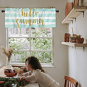 Vograud Valances for Windows, Hello Summer Gold Round Spots on Blue and White Stripes Rod Pocket Kitchen Curtains Valances, Short Window Valances for Living Room Bathroom 42” x 18”