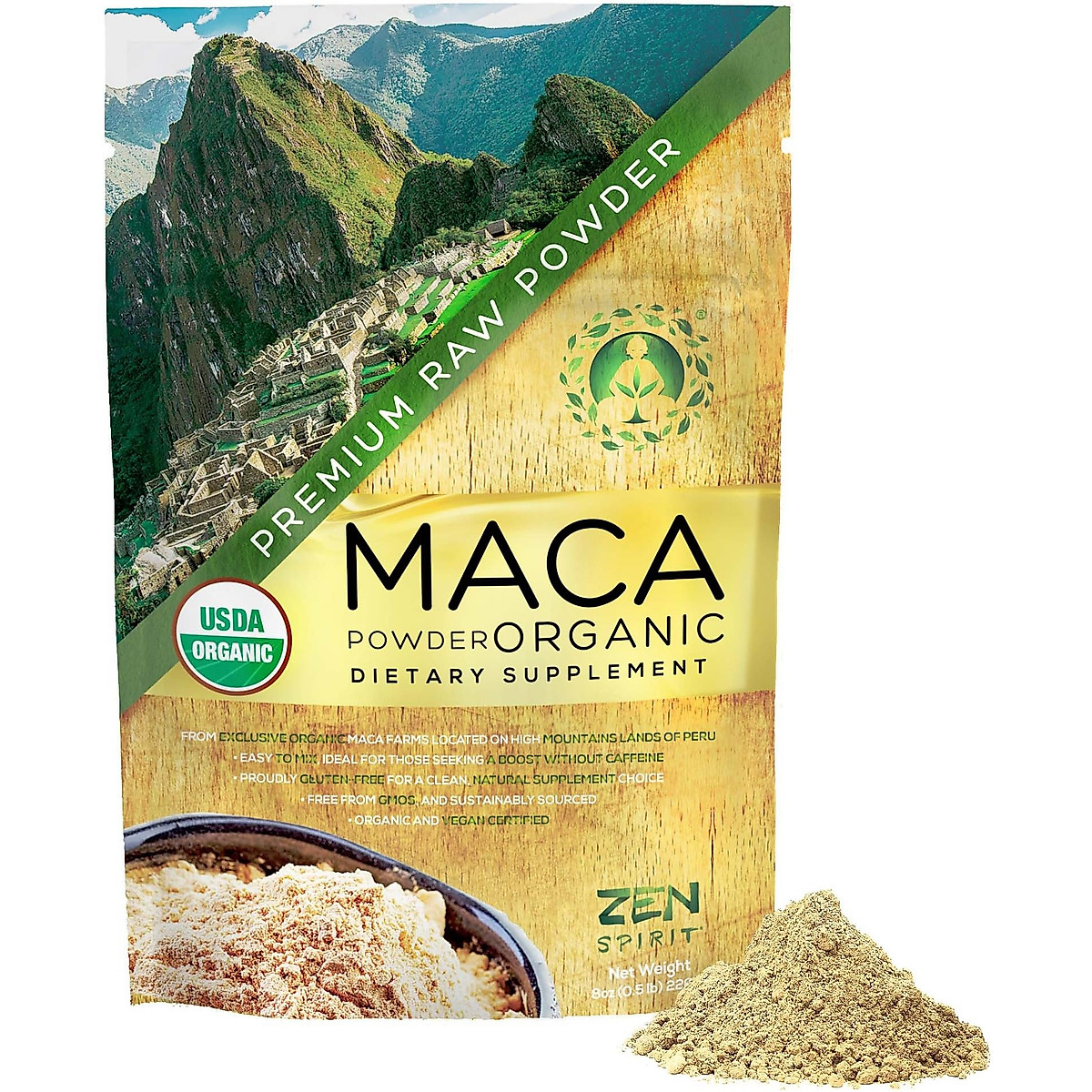 Zen Spirit Maca Root Powder Organic - Peruvian Root Premium Grade Superfood (Raw) - USDA & Vegan Certified - 1 Bag (8oz) - Perfect for Breakfast, Smoothies, Baking & Ice Cream.