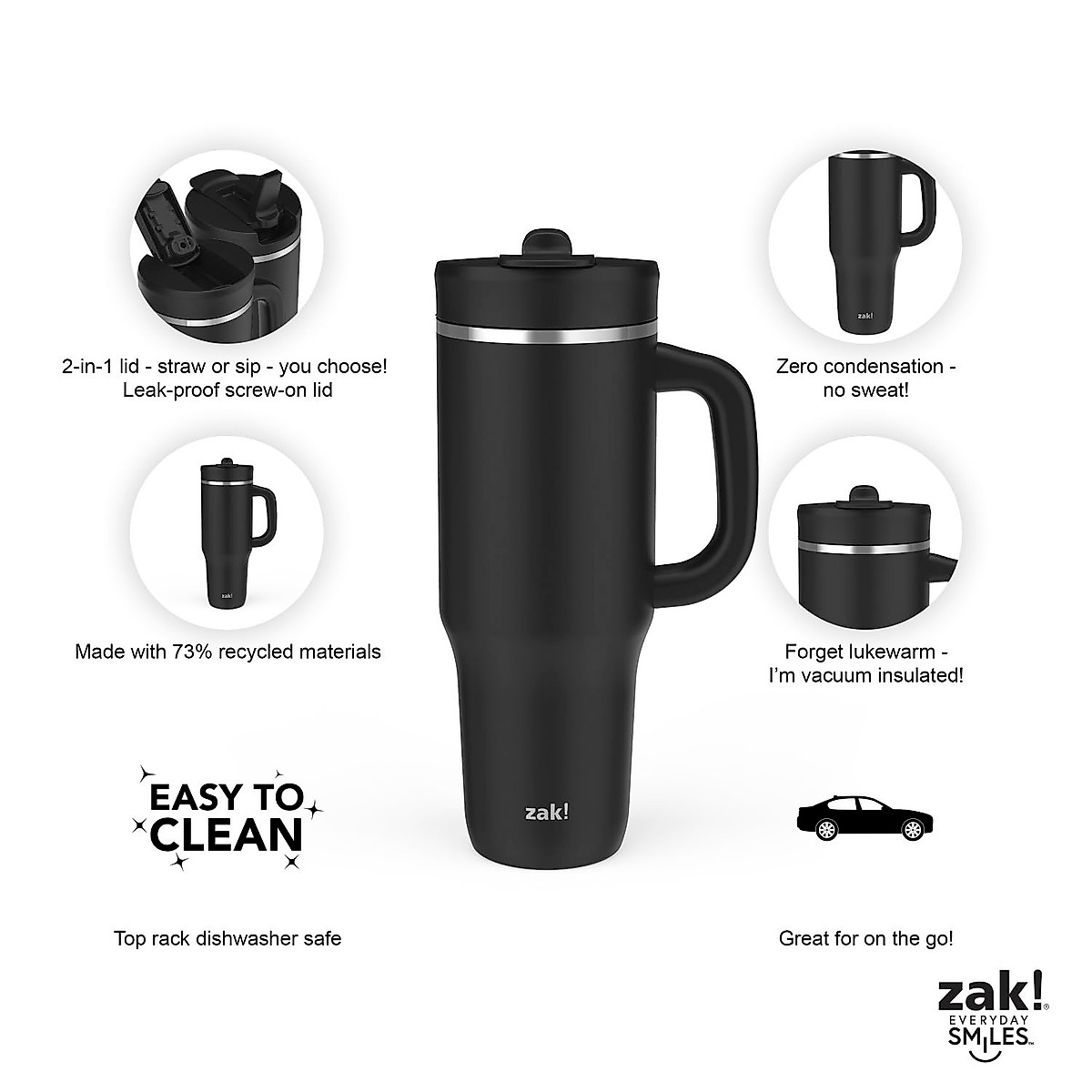 Zak Designs Harmony 2-in-1 Coffee Tumbler for Travel or At Home, 40oz Recycled Stainless Steel is Leak-Proof When Closed and Vacuum Insulated with Handle (Ebony Black)